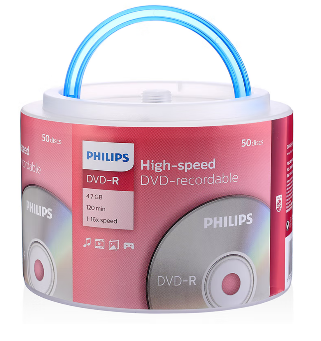 飞利浦（PHILIPS）DVD-R光盘/刻录盘 16速4.7G 手拎乖乖桶 桶装50片 - 紫金云商